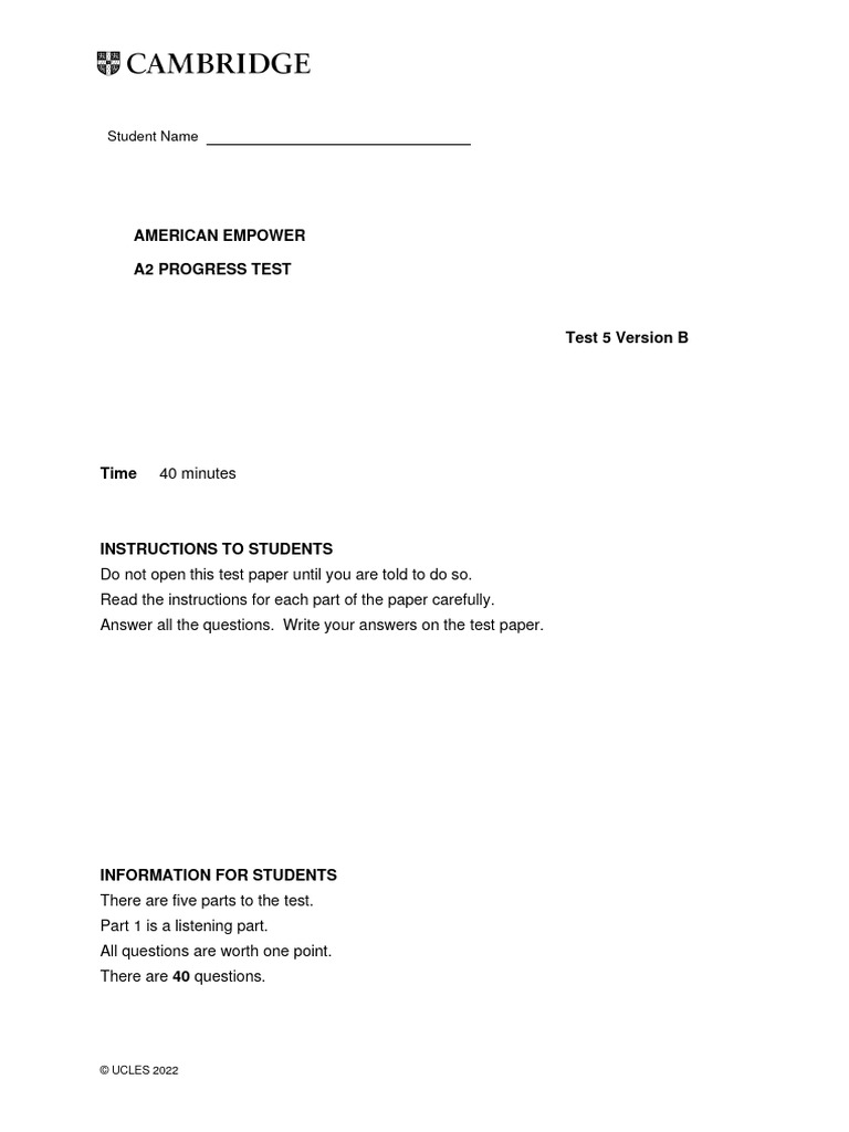 Unit Progress Test 5 Version B Pdf