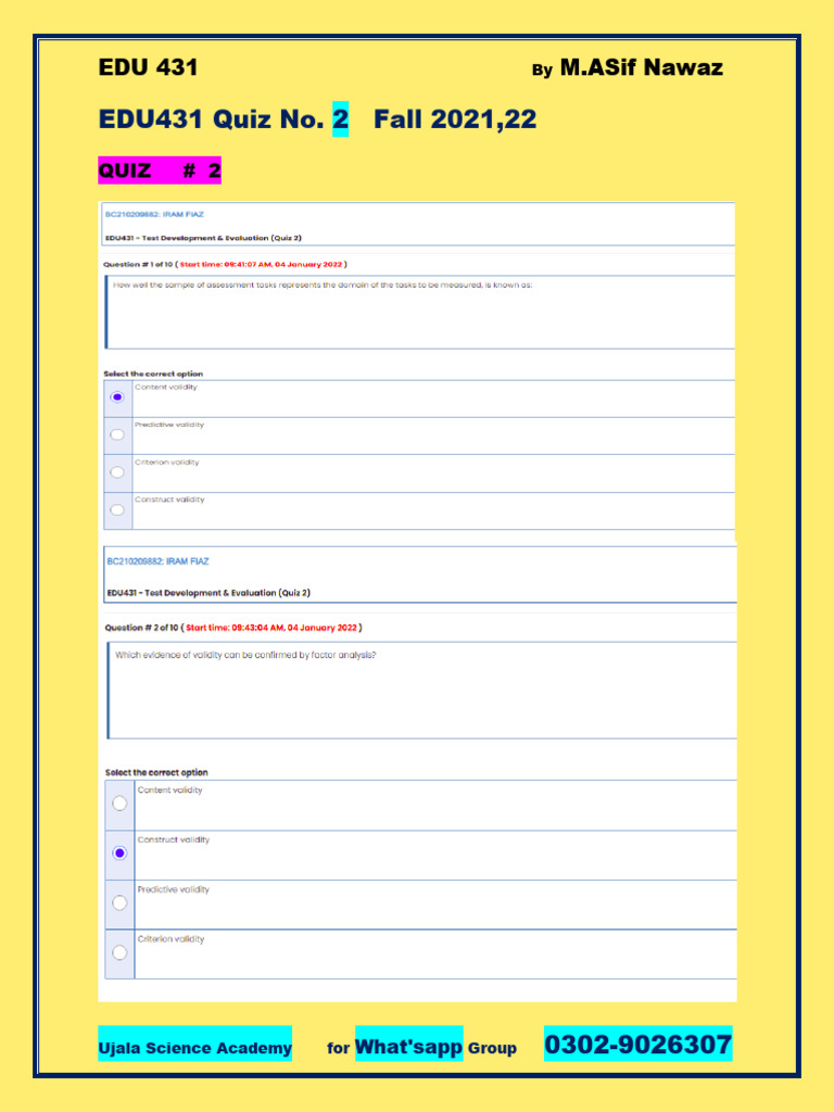 EDU431 Quiz # 2 Fall 2021,22 | PDF