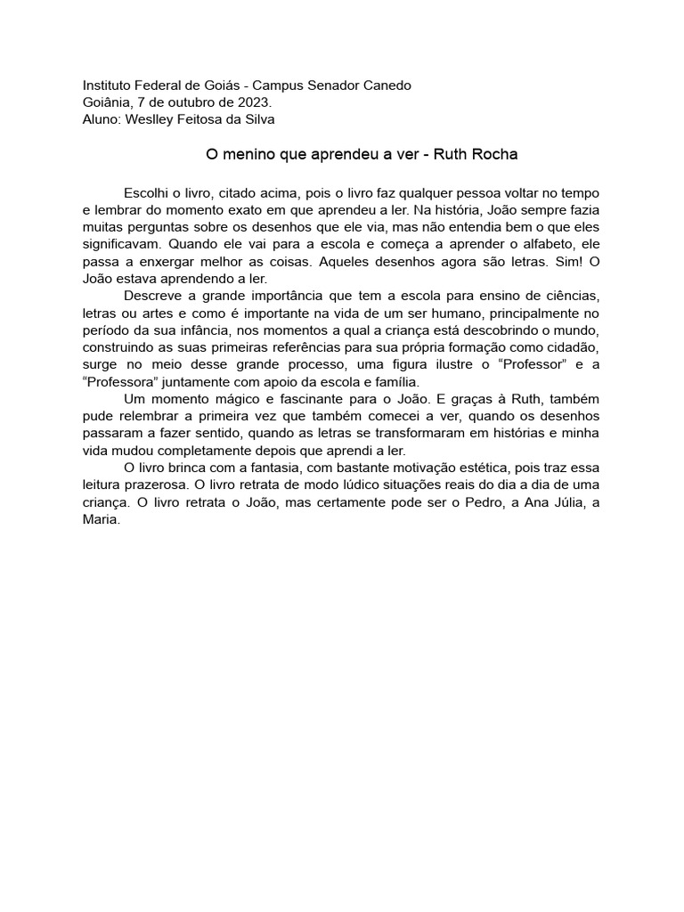 O Menino que Aprendeu a Ver: Reflexões | PDF