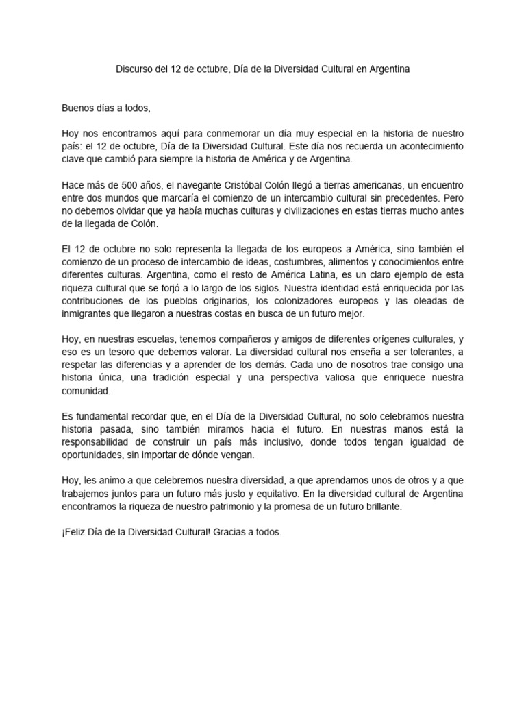 Discurso Del 12 de Octubre, Día de La Diversidad Cultural en Argentina ...