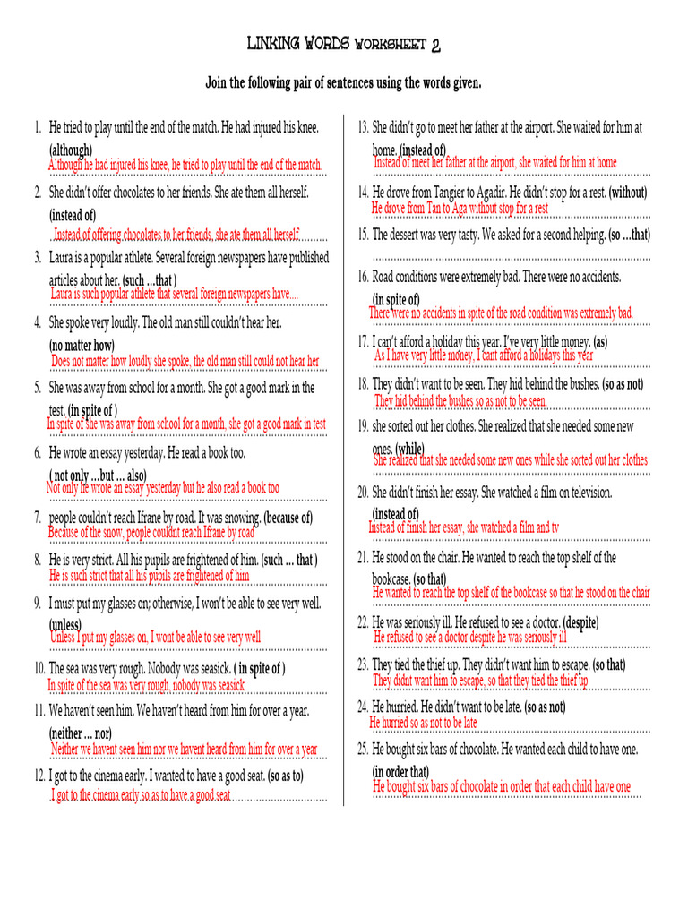 Linking Words Worksheet 2 | PDF