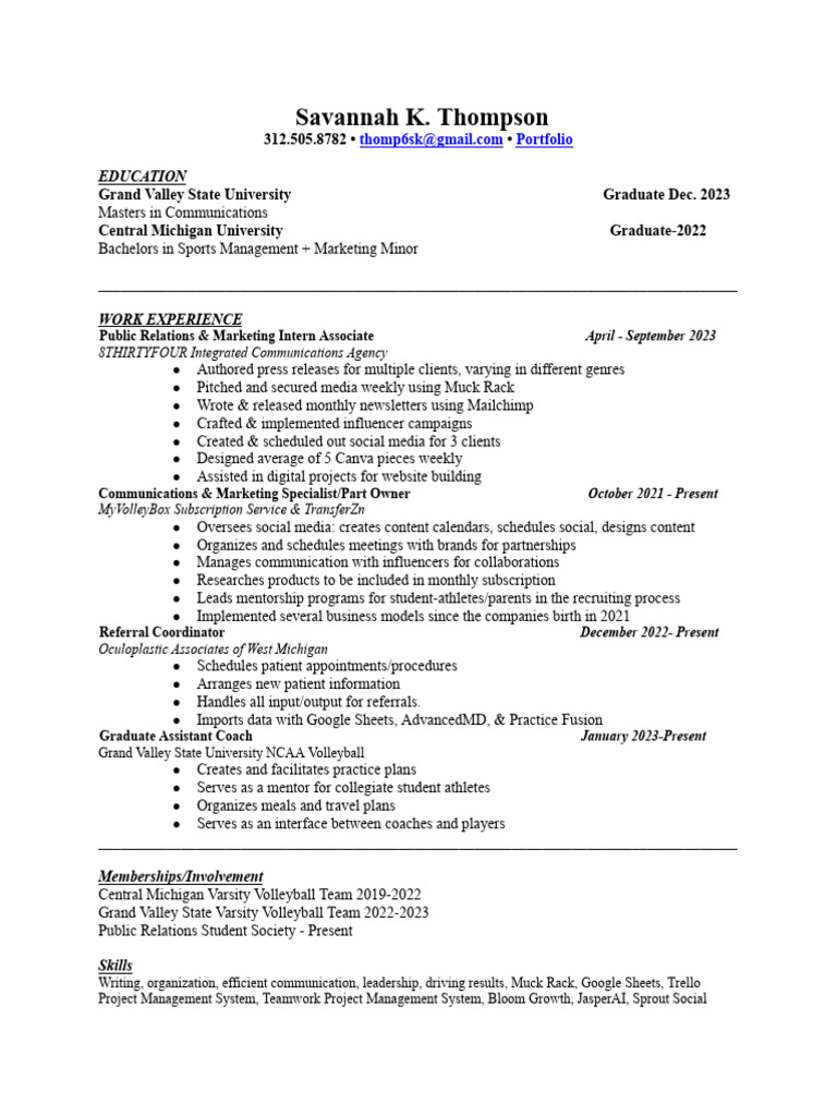 Savannah Thompson Resume 2023 | PDF | Public Relations | Mentorship