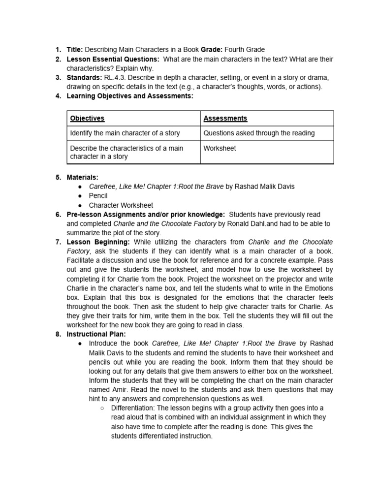 Describing Main Characters Lesson Plan - Nicole Frasciello | Download ...