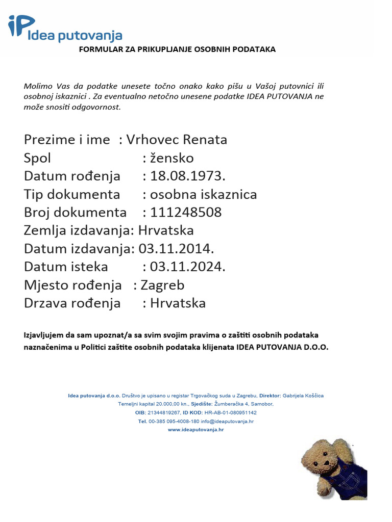 Obrazac Za Prikupljanje Podataka 2 | PDF