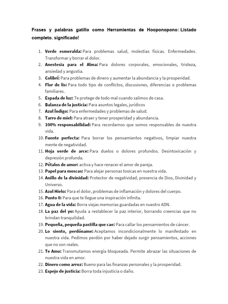 Frases y Palabras Gatillo Como Herramientas de Hooponopono | PDF