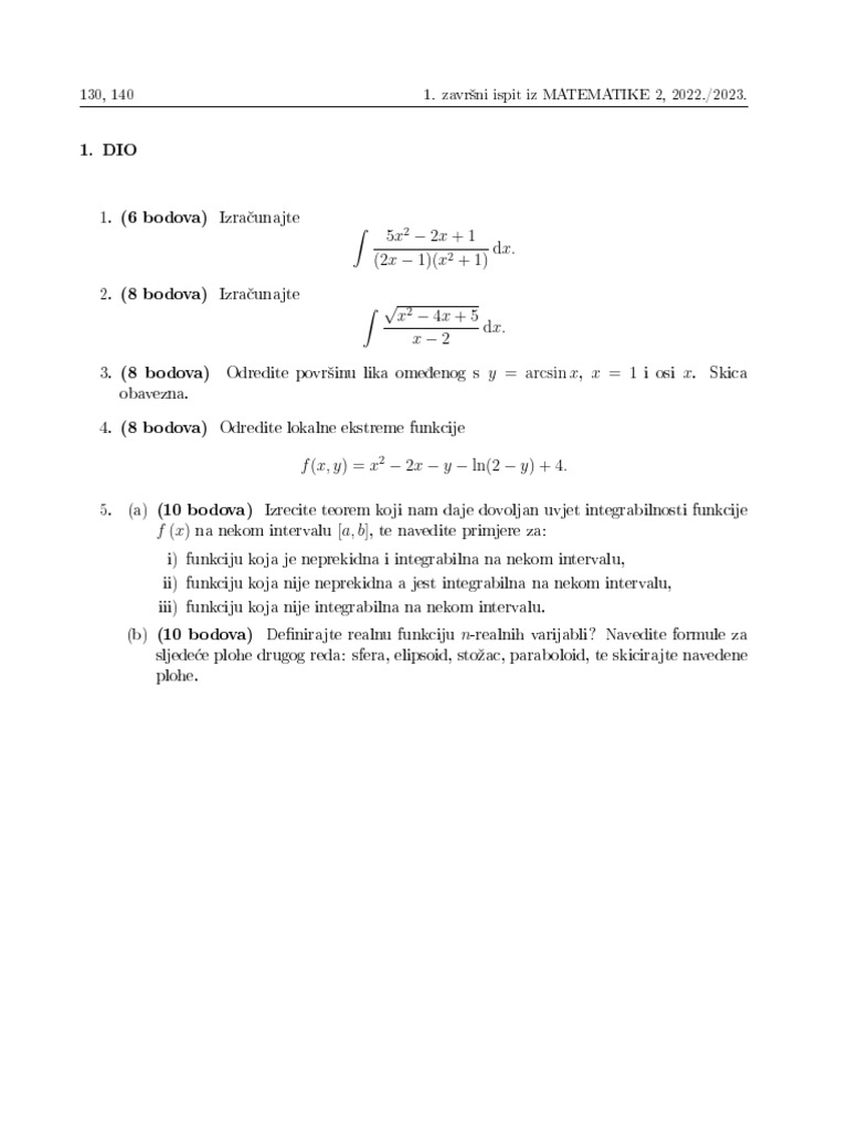 130, 140 1. Zavr Ni Ispit Iz MATEMATIKE 2, 2022./2023 | PDF