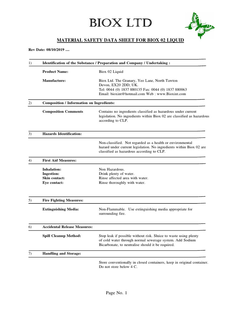 Biox 02 MSDS Sheet Latest | PDF