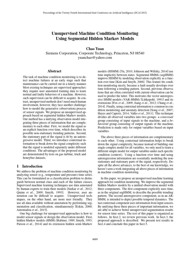 Unsupervised Machine Condition Monitoring Using Segmental Hidden Markov Models | PDF