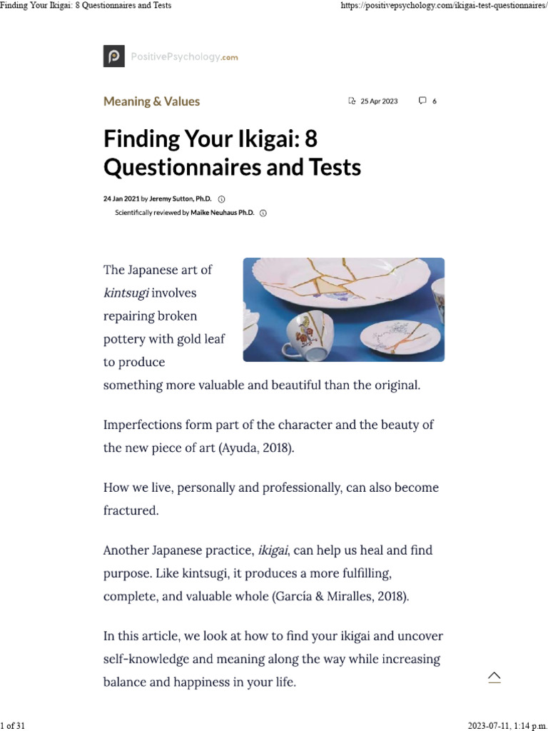 Finding Your Ikigai - 8 Questionnaires and Tests | PDF