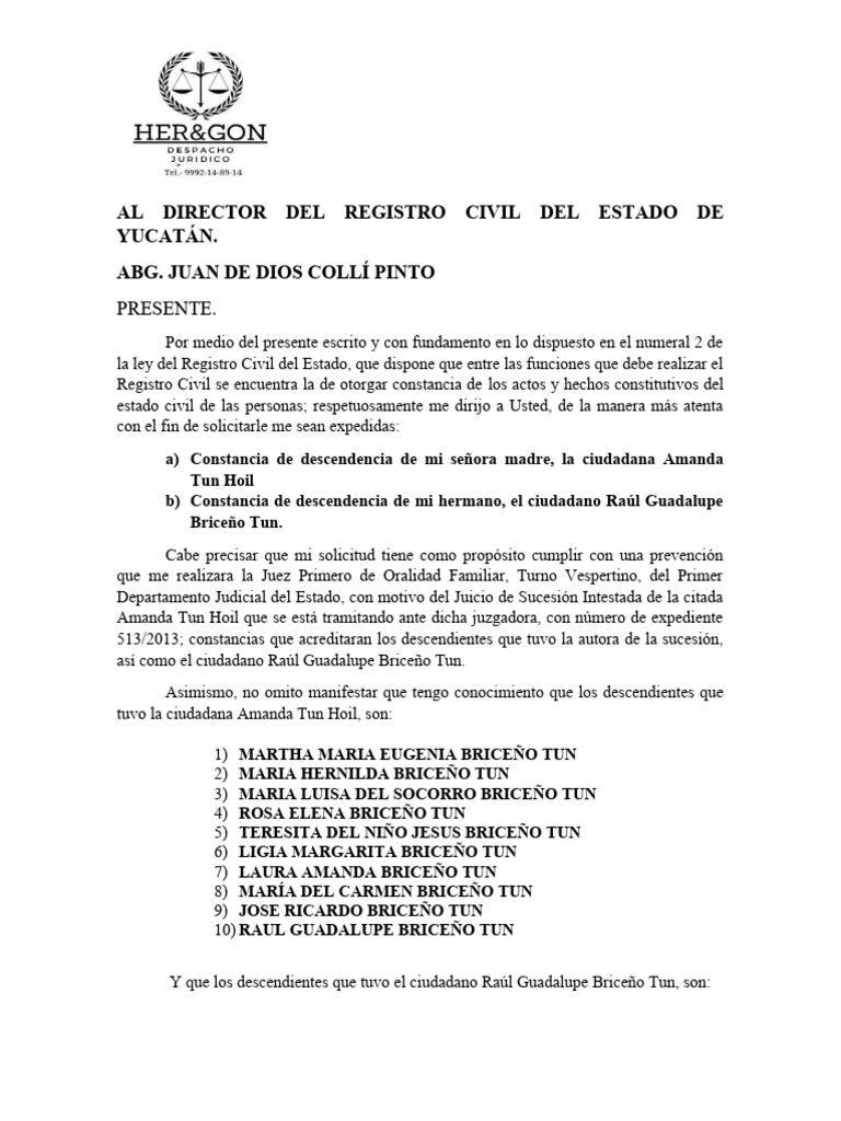 Escrito Solicitud Constancia de Descendencia | PDF