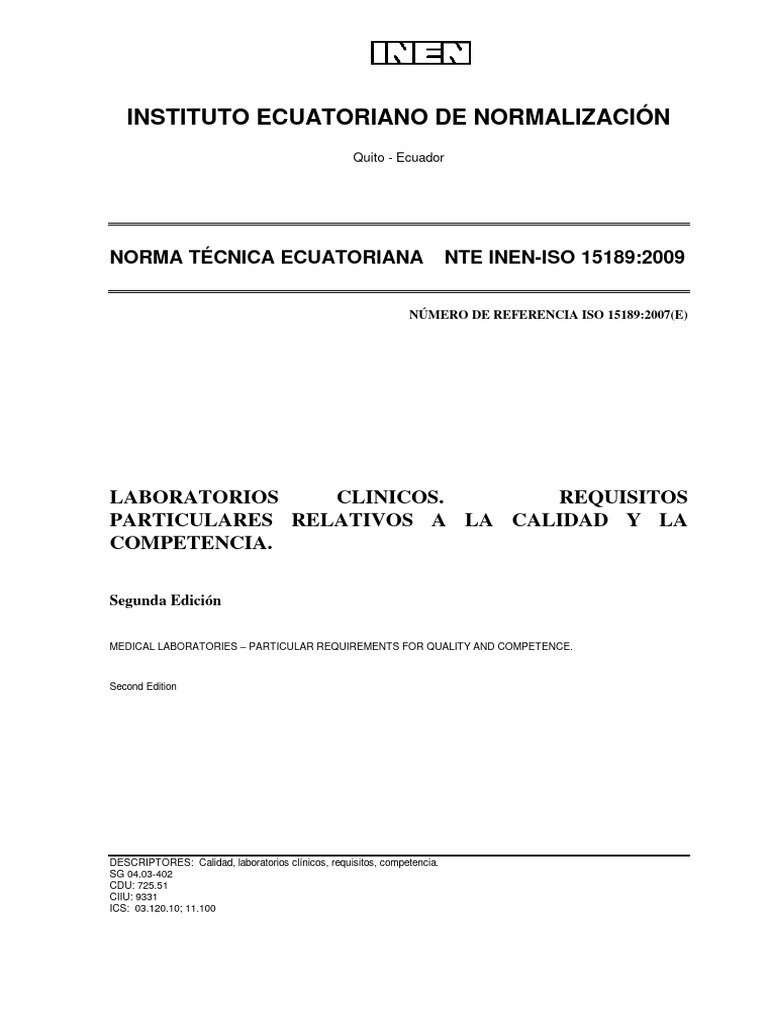 Norma Tecnica Ecuatoriana Nte Inen Iso 15189 2009 04 Ind 238 Manual de ...