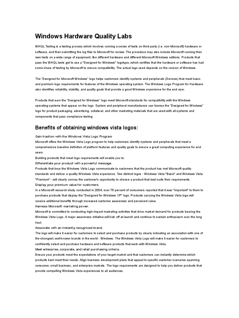 WHQL Testing for Windows Logo Compliance | PDF | Windows Vista ...
