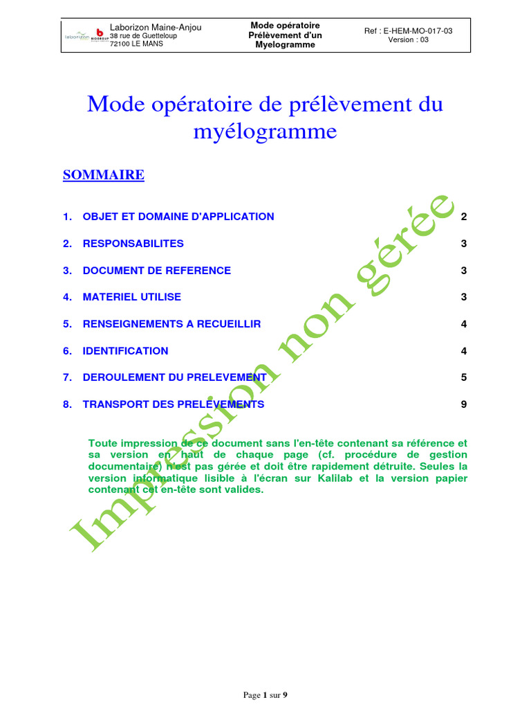 Mode Opératoire de Prélèvement Du Myélogramme | PDF | Sciences et ...