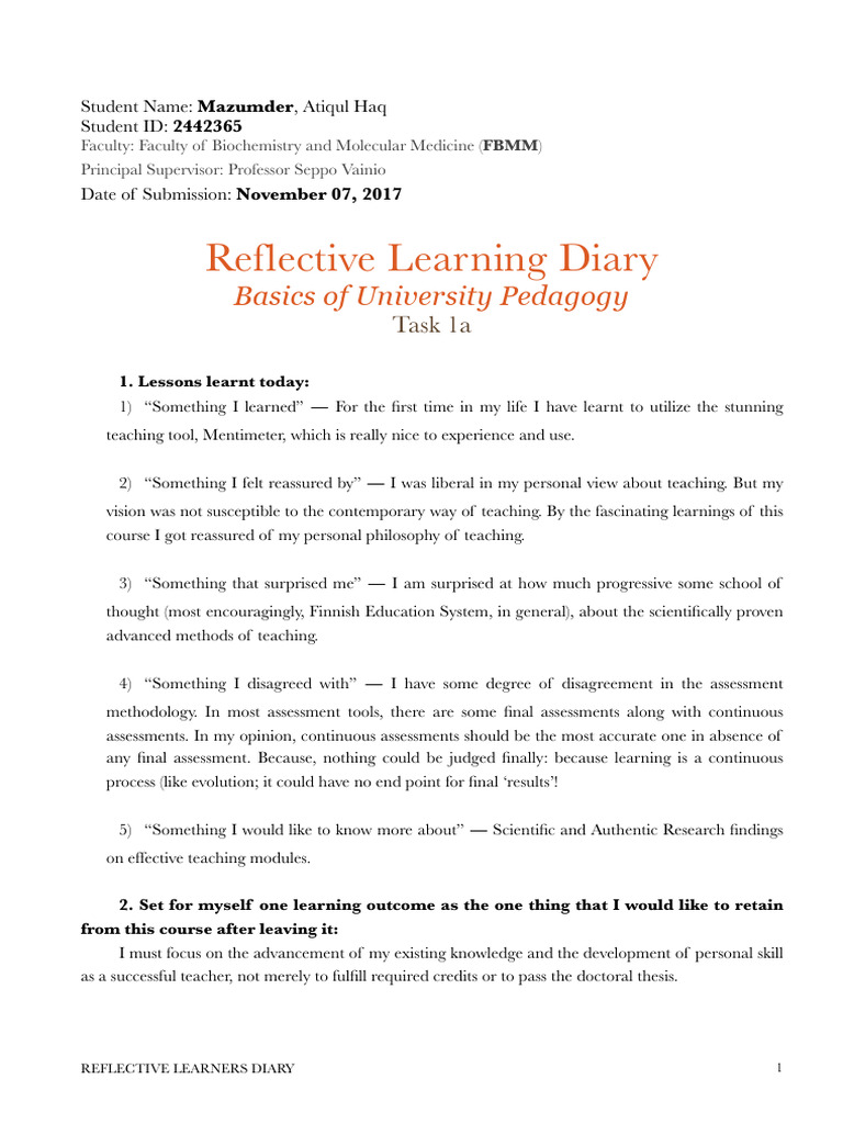 Learning Diary-Basic University Pedagogy Course Task 1a | PDF | Self-Improvement