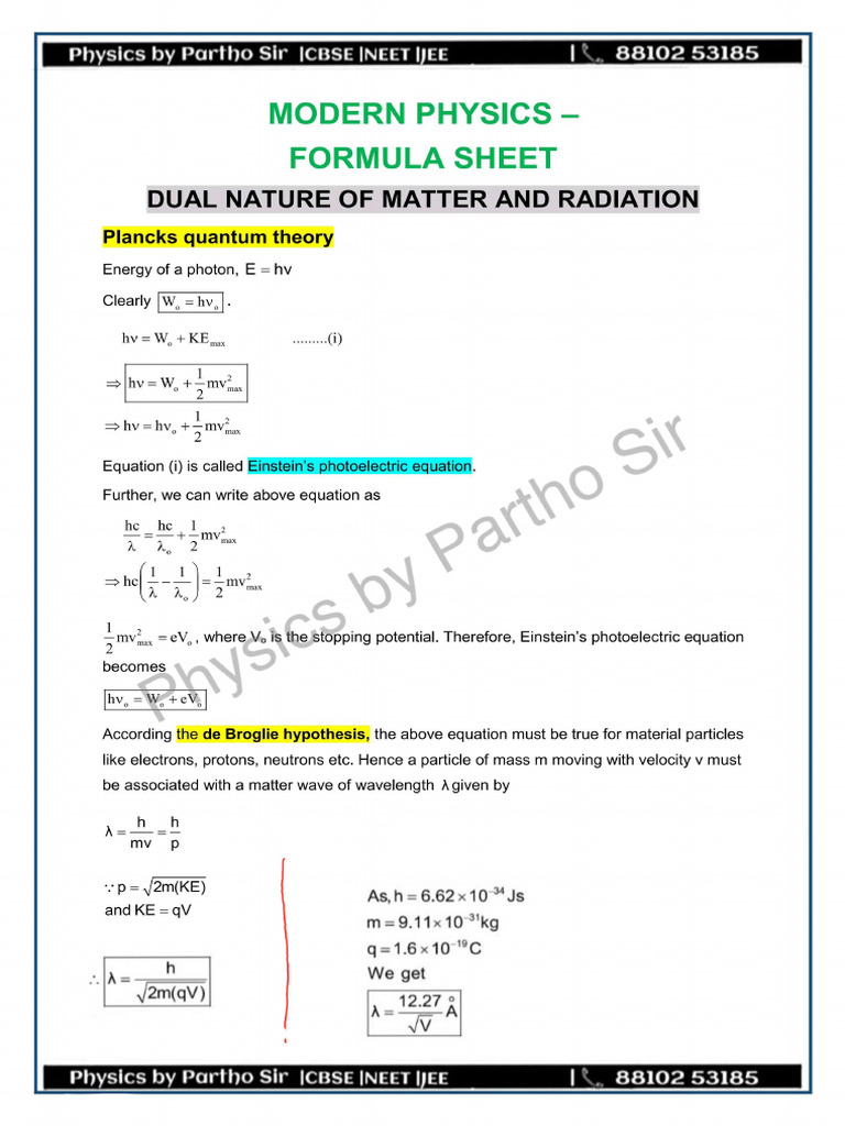 Dual Nature of Atoms Formula Sheet | PDF