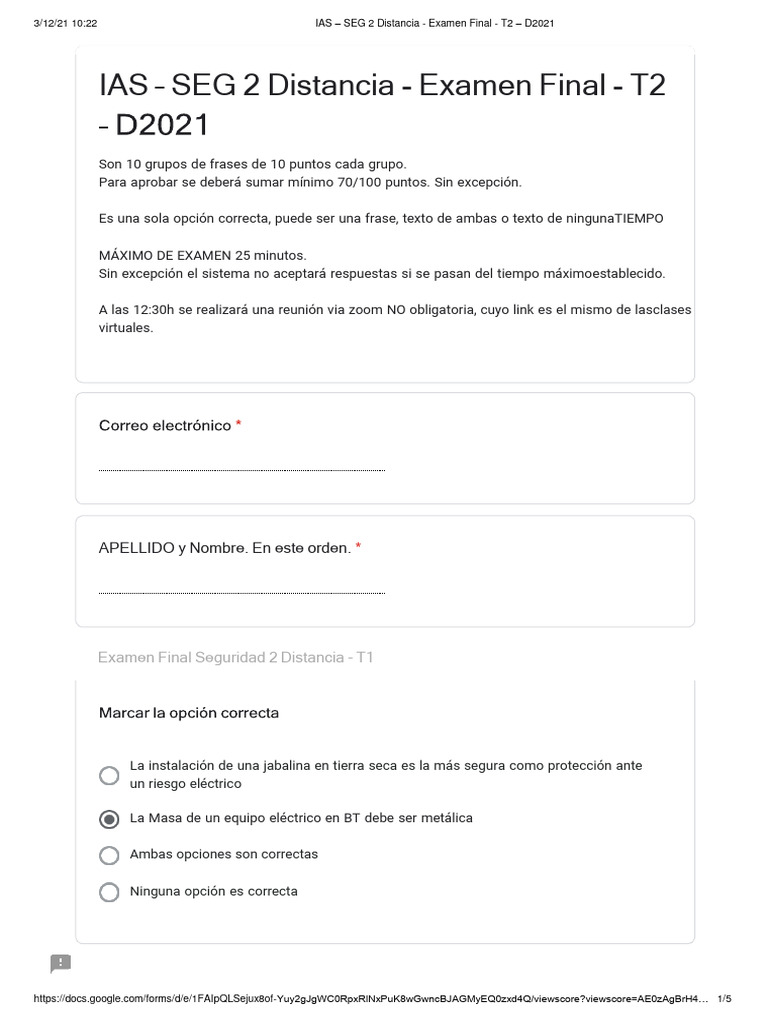 IAS - SEG 2 Distancia - Examen Final - T2 - D2021 | PDF | Electricidad ...