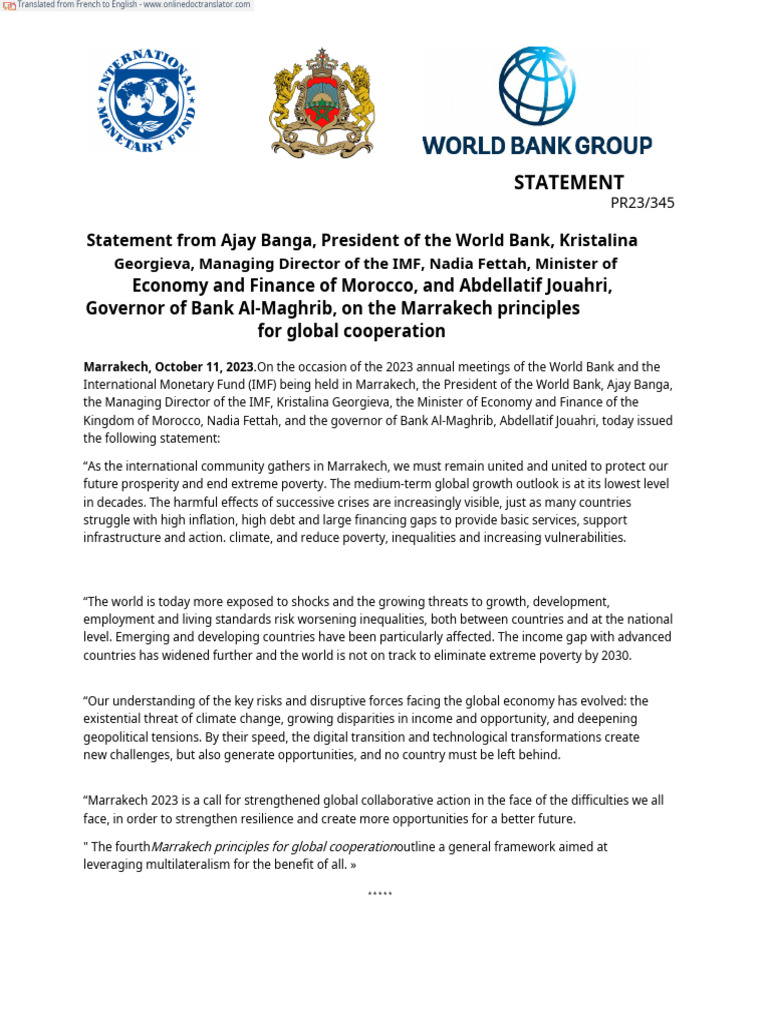 Declaration Morocco - WB - IMF - Marrakech-Principles-For-Global-Coope - 231012.fr - en | PDF ...
