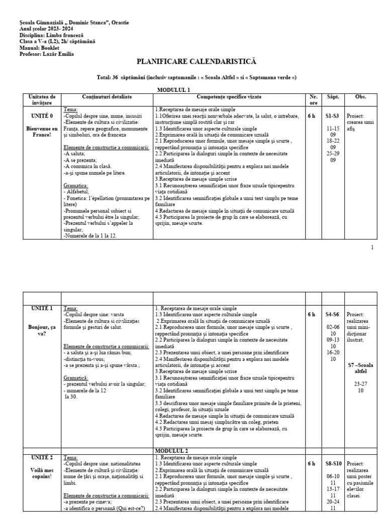Planificare Calendaristica Cls A 5 A | PDF