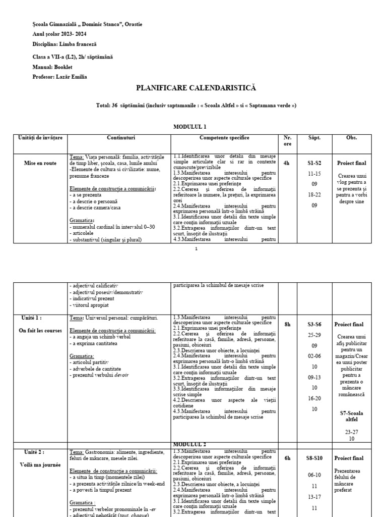Planificare Calendaristica Cls A 7 A | PDF