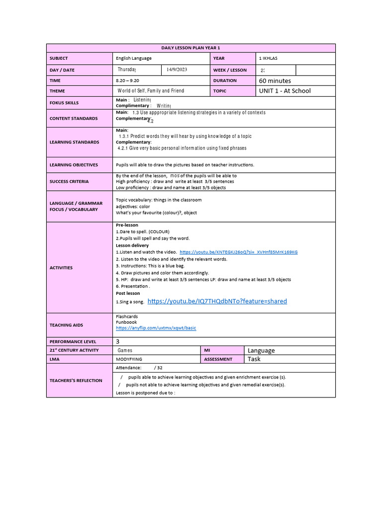 DAILY LESSON PLAN G5 Sunflower | PDF | Career & Growth | Language Arts ...