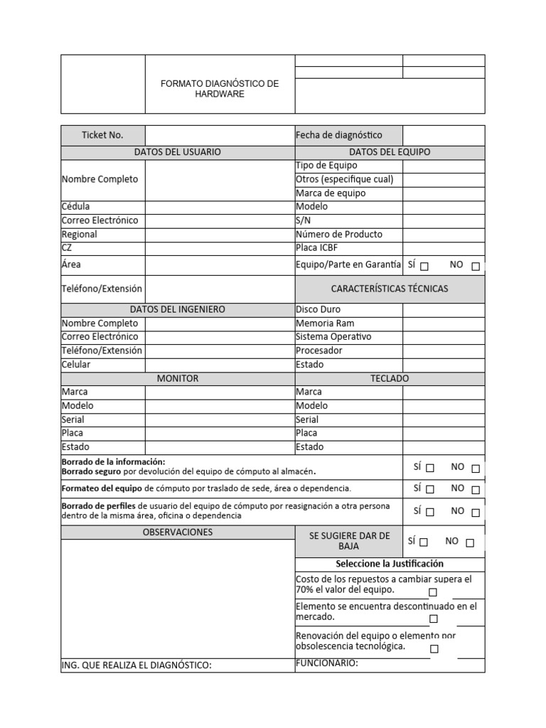 Formato Diagnostico de Hardware v5 | PDF | Hardware de la computadora | Informática