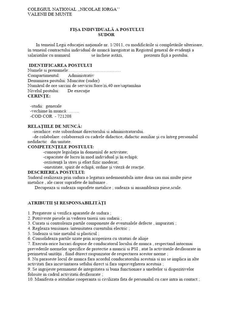Fisa Post Sudor-2019 | PDF