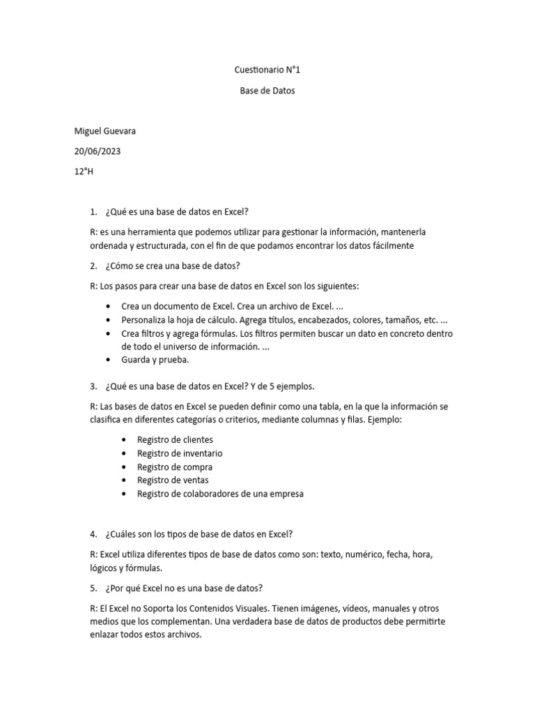 Cuestionario Base de Datos | PDF | Microsoft Excel | Bases de datos