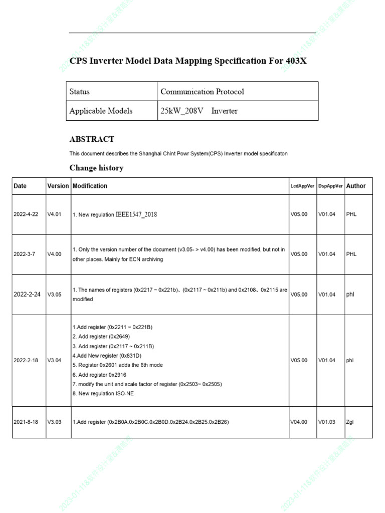 CPS - 25kW 208V UL Modbus Map Spec FW V4.0 | PDF | Integer (Computer Science) | String (Computer ...