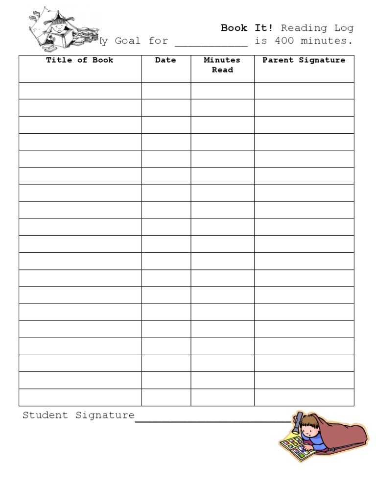 My Goal For - Is 400 Minutes.: Book It! Reading Log | PDF