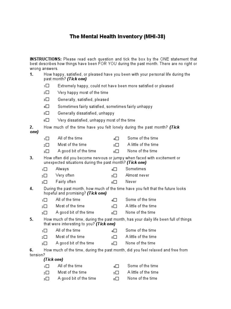 MHI-38 Mental Health Questionnaire | PDF | Well Being | Affect (Psychology)