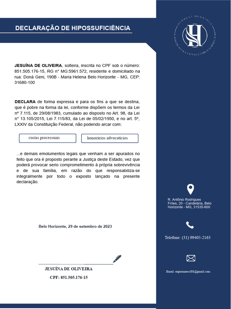 Declaração de Hipossuficiência - Box Visual Law 360 | PDF