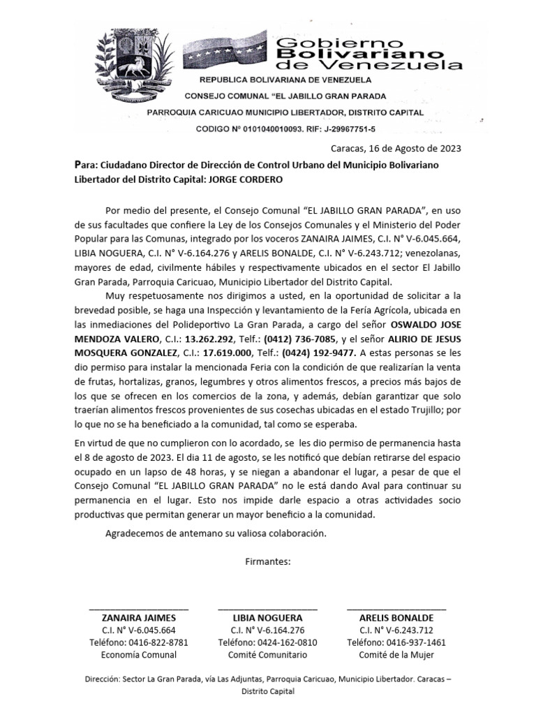 CARTA AVAL CONSEJO COMUNAL Feria 4 | PDF