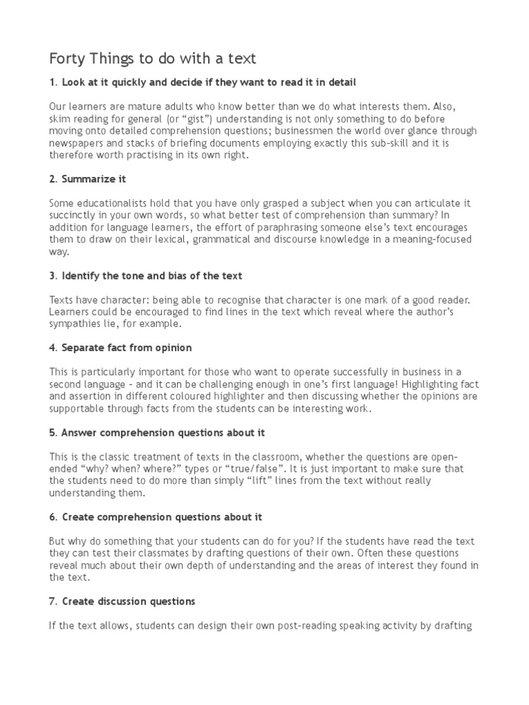 40 Things To Do With A Text | PDF | Reading Comprehension | Translations