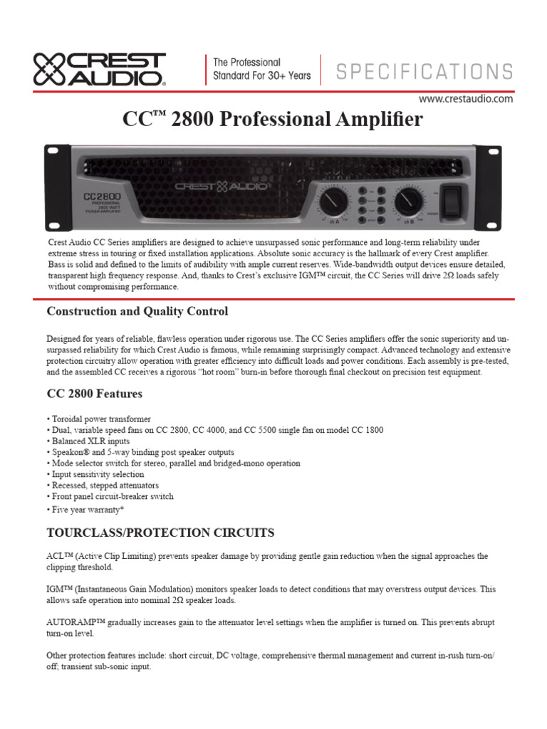 CC2800 Specs | PDF | Amplifier | Loudspeaker