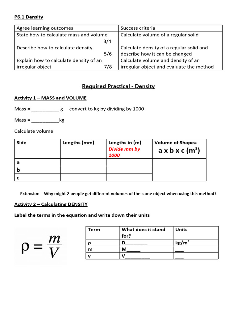 P6.1 Density Worksheet | Download Free PDF | Density | Volume