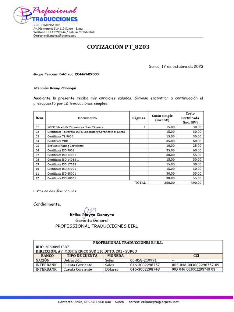 Cotización PT_8203 - FERCONS | PDF