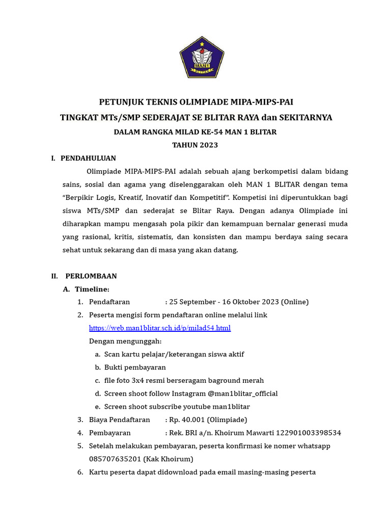 Juknis Olimpiade Mipa-Mips-Pai Milad Man 1 2023 | PDF