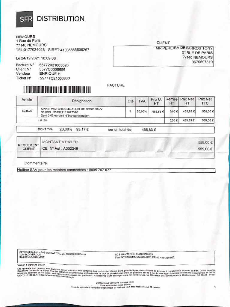 SFR Facture Achat Apple Watch | PDF