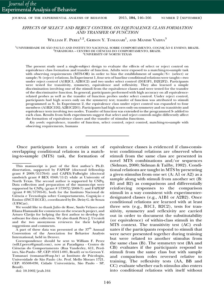 Effects of Select and Reject Control On Equivalence Class Formation and Transfer of Function ...