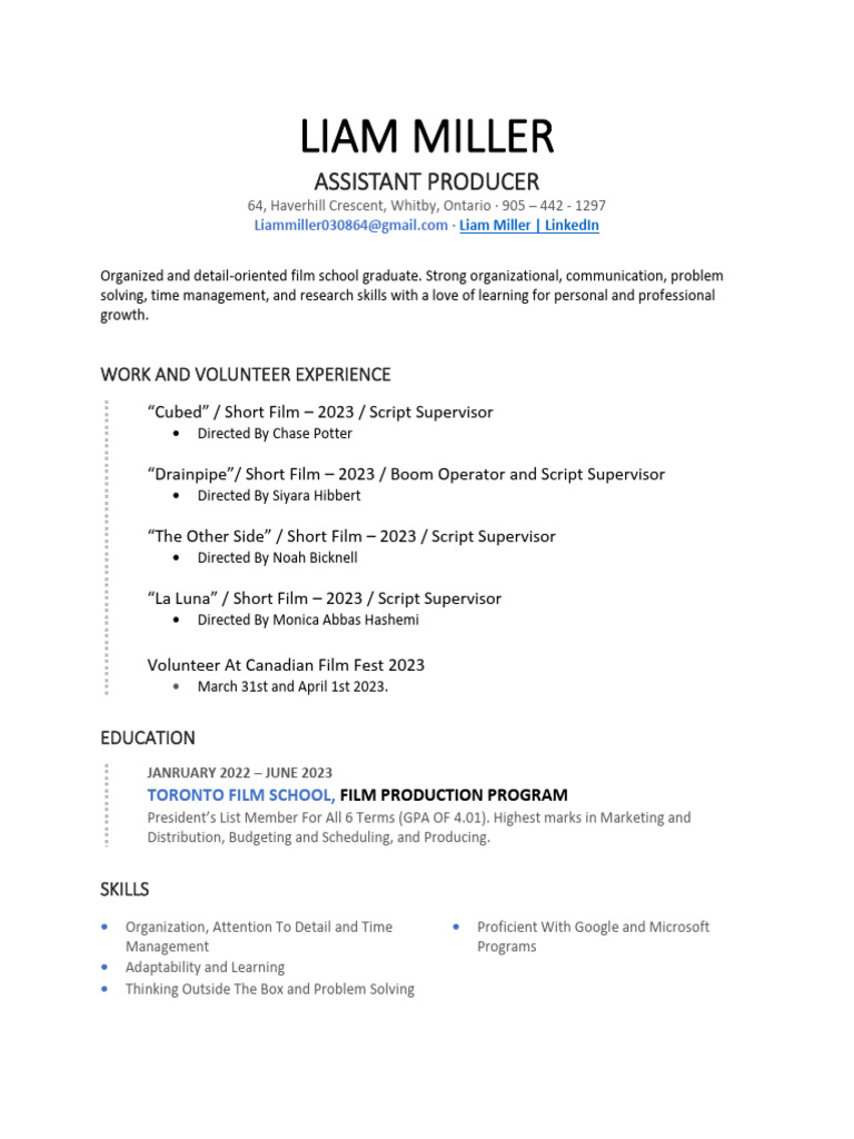 Liam Miller - Assistant Producer - Resume | PDF