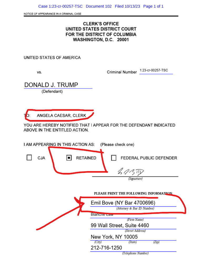 Trump Lawyer Emil Bove Notice of Appearance | PDF