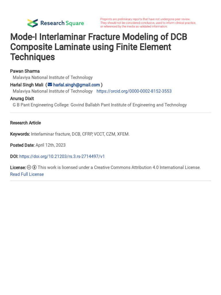 Mode-I Interlaminar Fracture Modeling of DCB Compo | PDF | Fracture ...