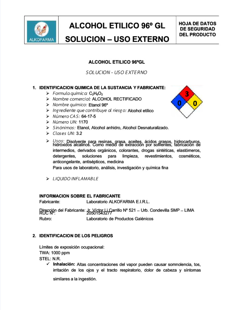 PDF Alcohol Puro 96 Alkofarma Hoja de Seguridad Compress | PDF