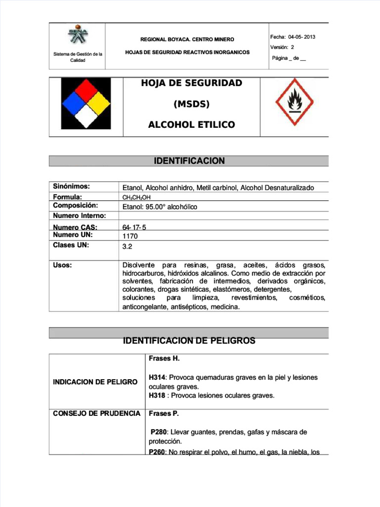 PDF Hoja de Seguridad Alcohol Etilico Compress | PDF