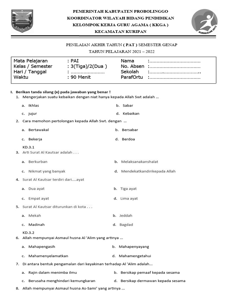 PAT PAI Kelas 3 | PDF
