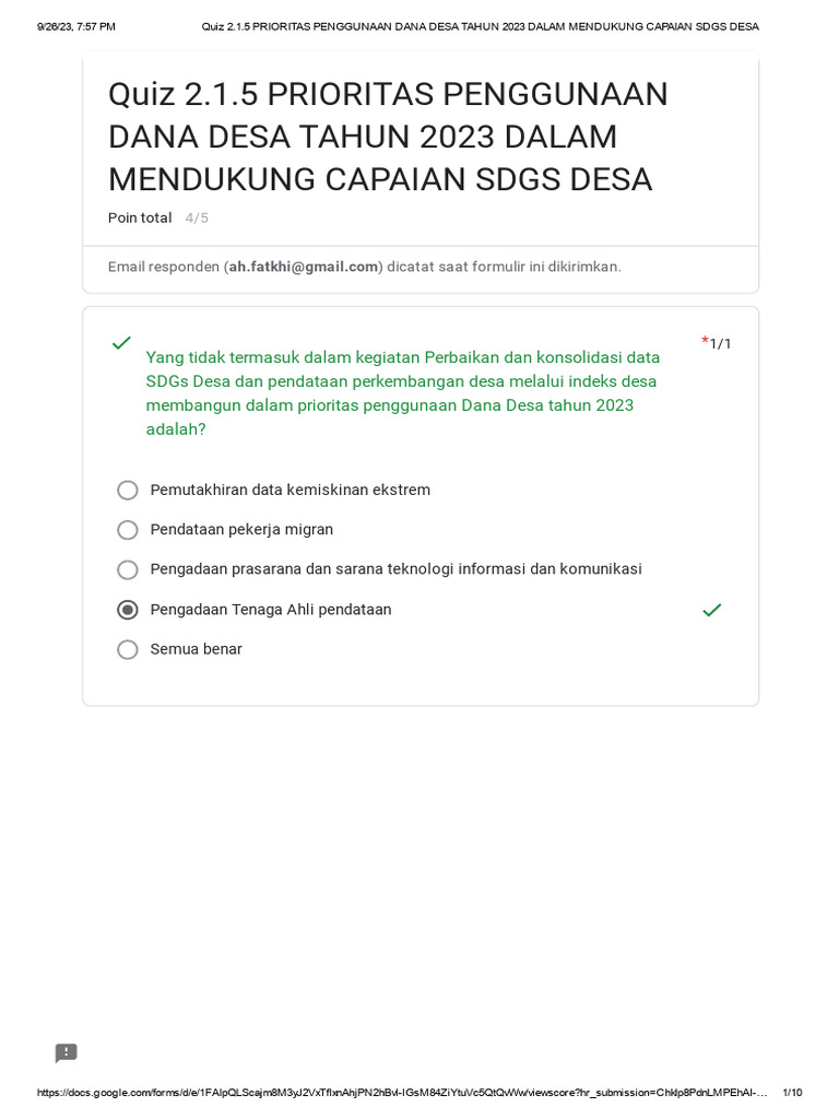 Quiz 2.1.5 Prioritas Penggunaan Dana Desa Tahun 2023 Dalam Mendukung Capaian SDGS Desa | PDF