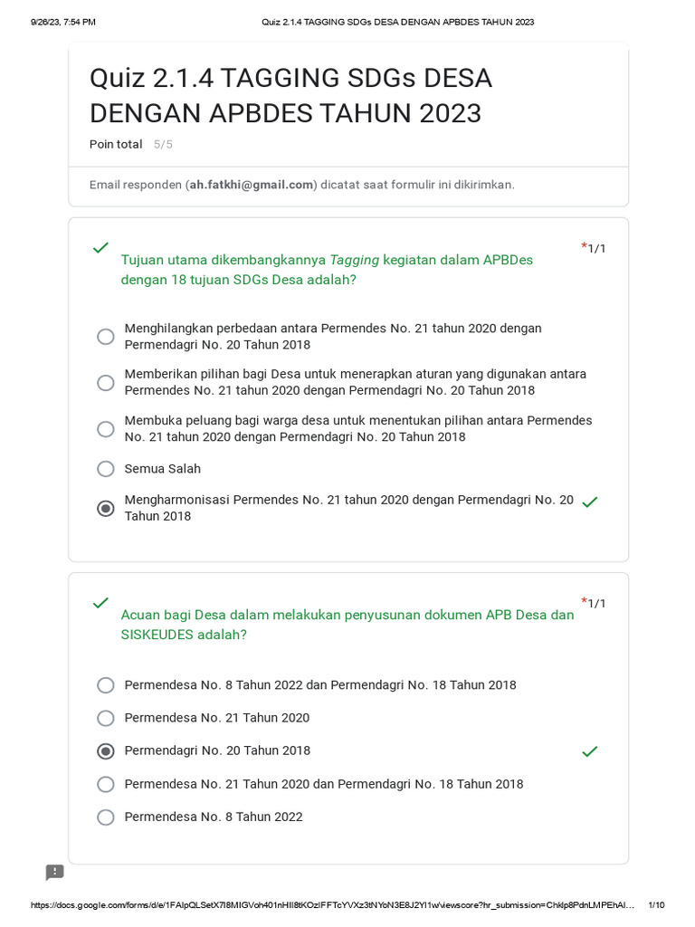 Quiz 2.1.4 Tagging SDGs DESA Dengan APBDES Tahun 2023 | PDF