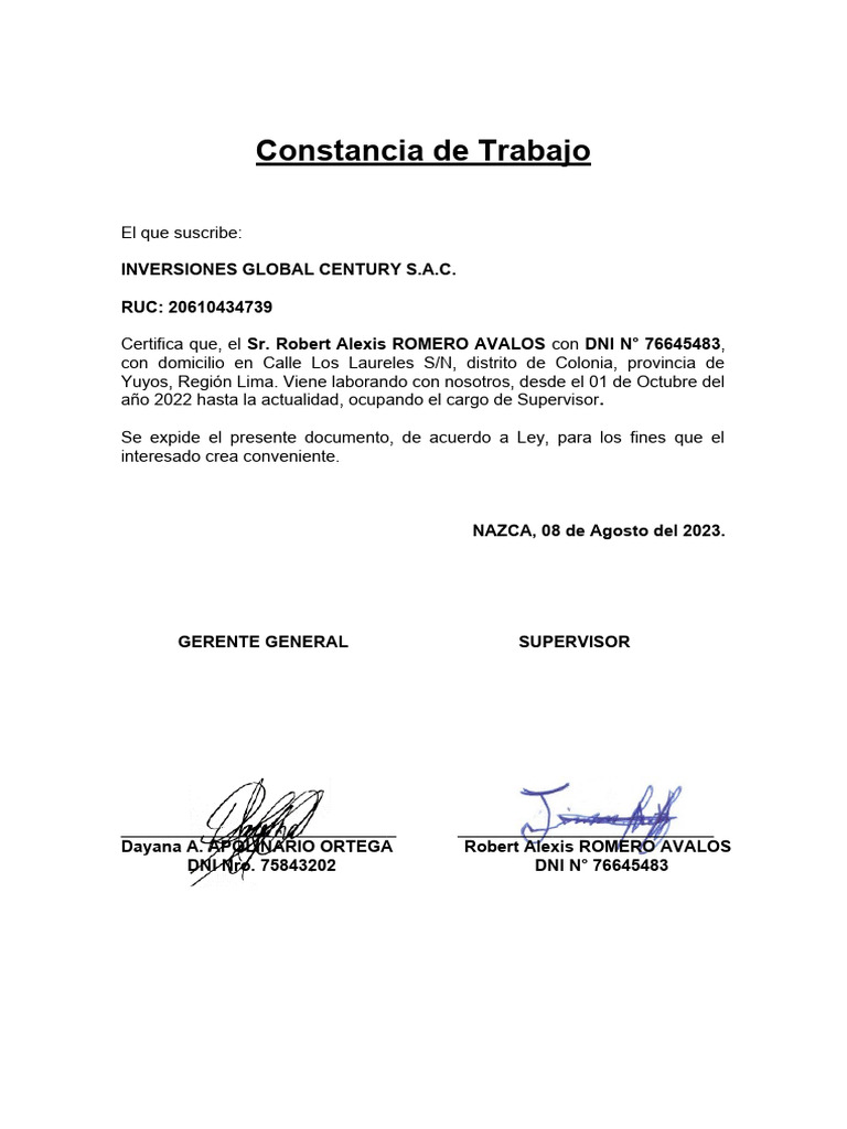 Const Trab Robert Alexis ROMERO AVALOS | PDF