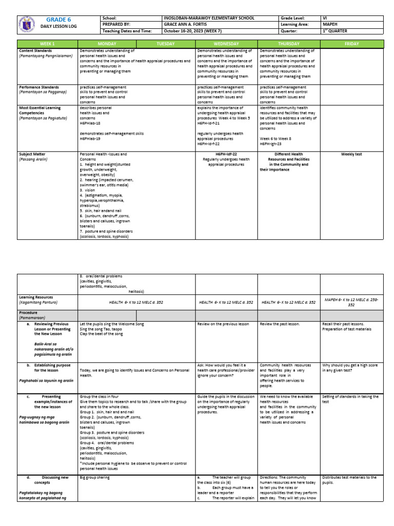 DLL Mapeh6 Health Week-7 q1-1 | PDF