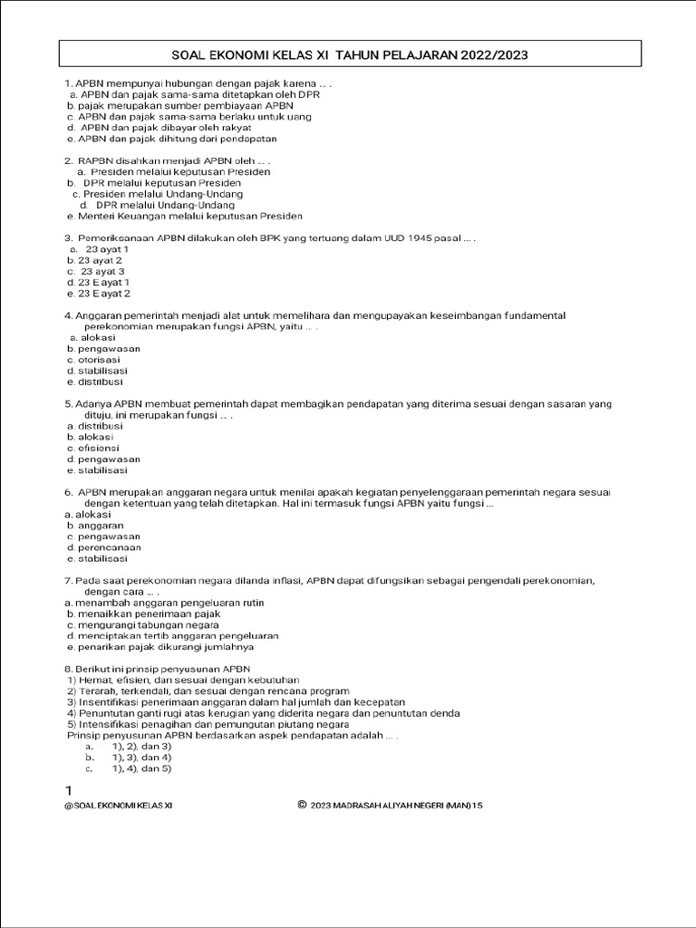 Soal Ekonomi Kelas Xi Tahun 2023 | PDF